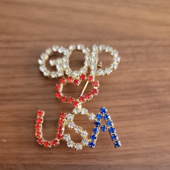 Vintage | Jewelry | Patriotic Rhinestone Brooch God Loves Usa | Poshmark